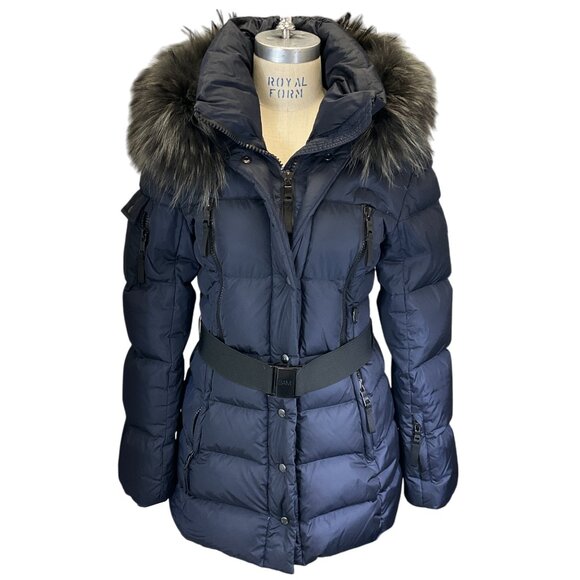SAM. | Jackets & Coats | Sam Navy Blue Fox Fur Trimmed Hooded Puffer ...